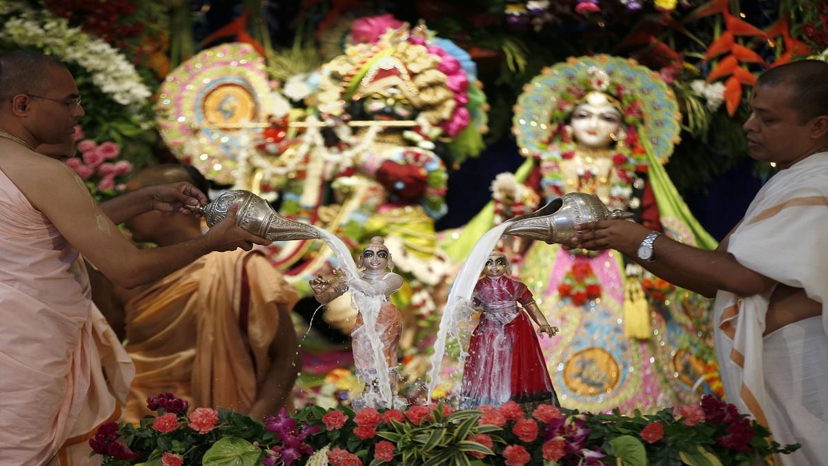 Devotees painted in the colors of God at Krishna's birthplace